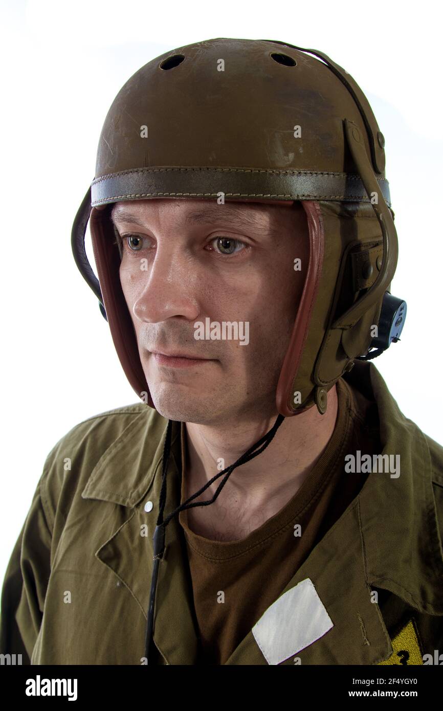 Man actor in military uniform of American tankman of World War II ...