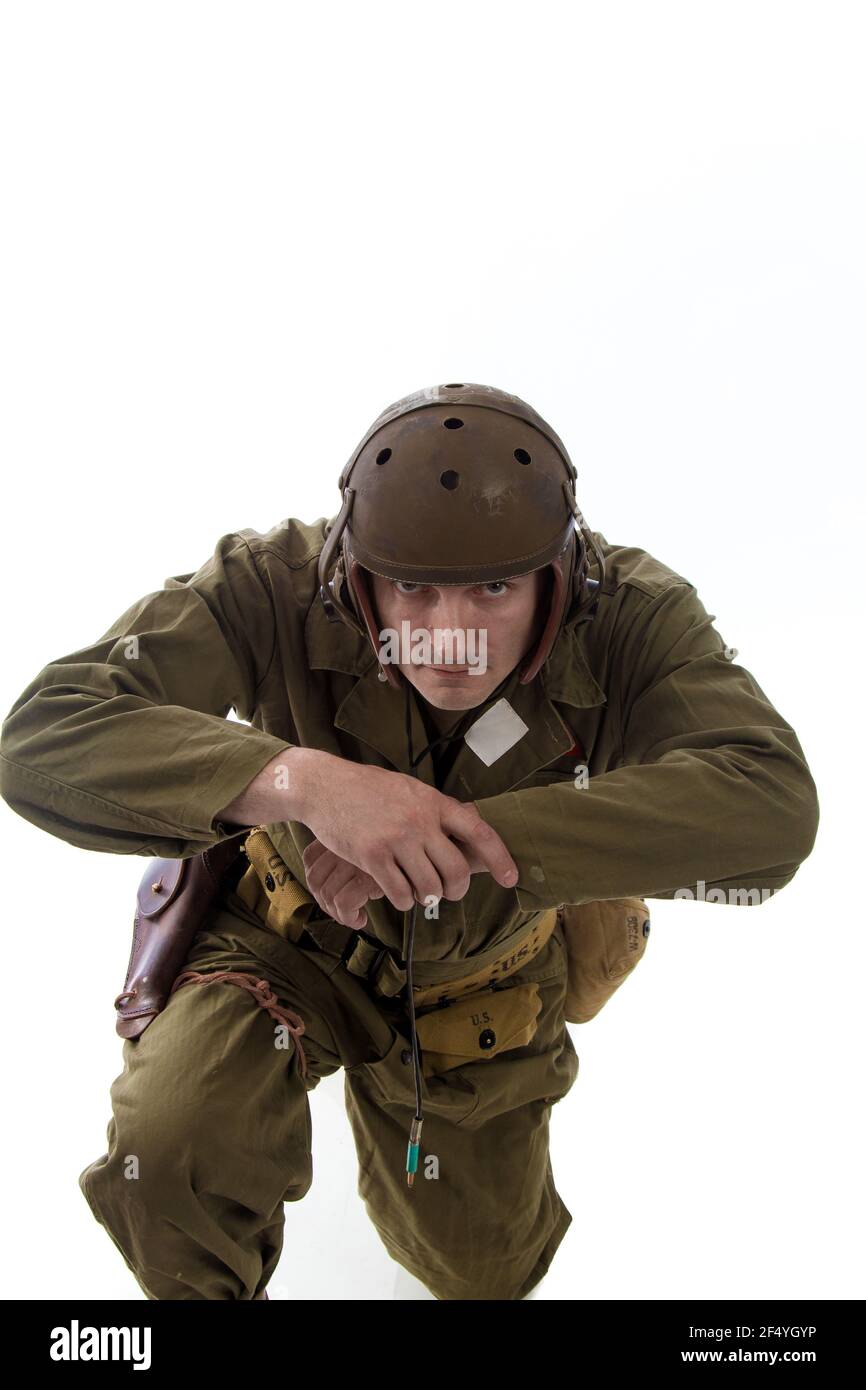 Man actor in military uniform of American tankman of World War II ...