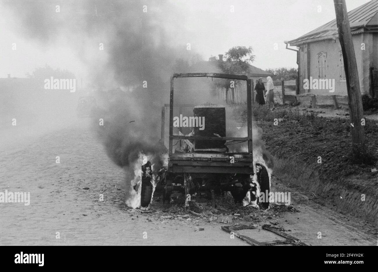 Second World War. Front pictures. Soviet Union. Burning vehicle of the ...