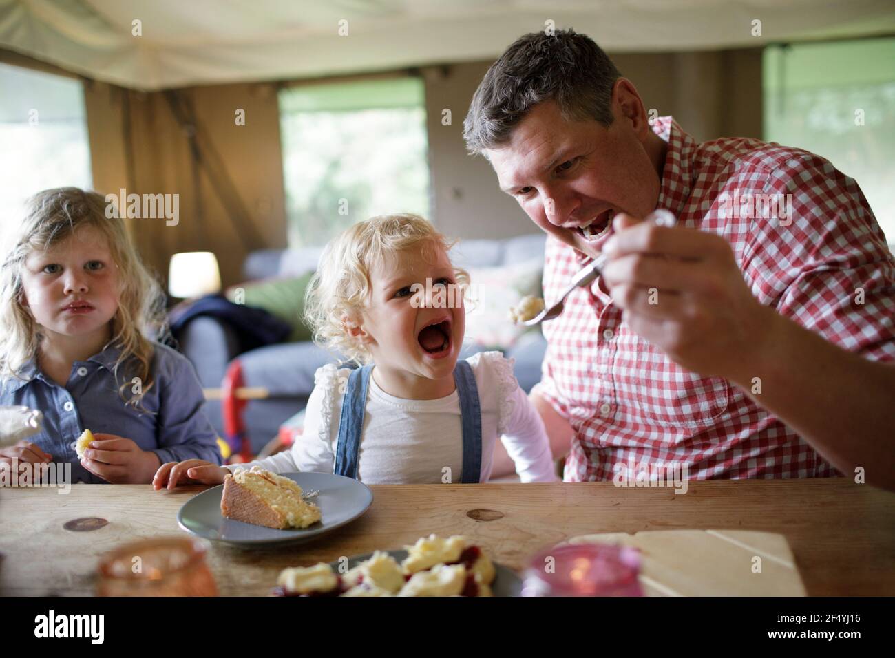 Playful father feeding cake to cute eager daughter Stock Photo - Alamy