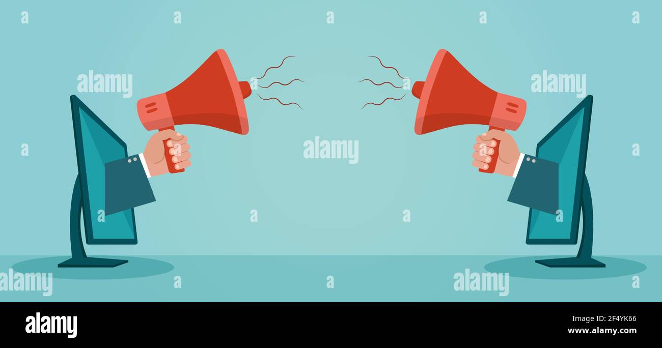 Vector of hands holding megaphone coming out from desktops. Digital ...