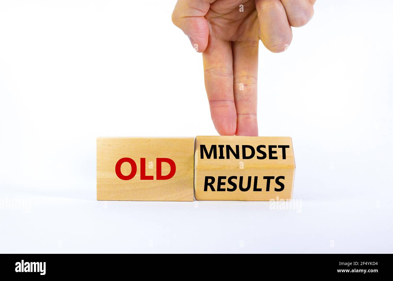 Old mindset and results symbol. Businessman turns the wooden block and ...