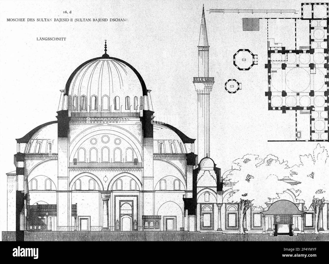 Elevation and plan of the Bayezid II Mosque in Istanbul, 1912 Stock ...