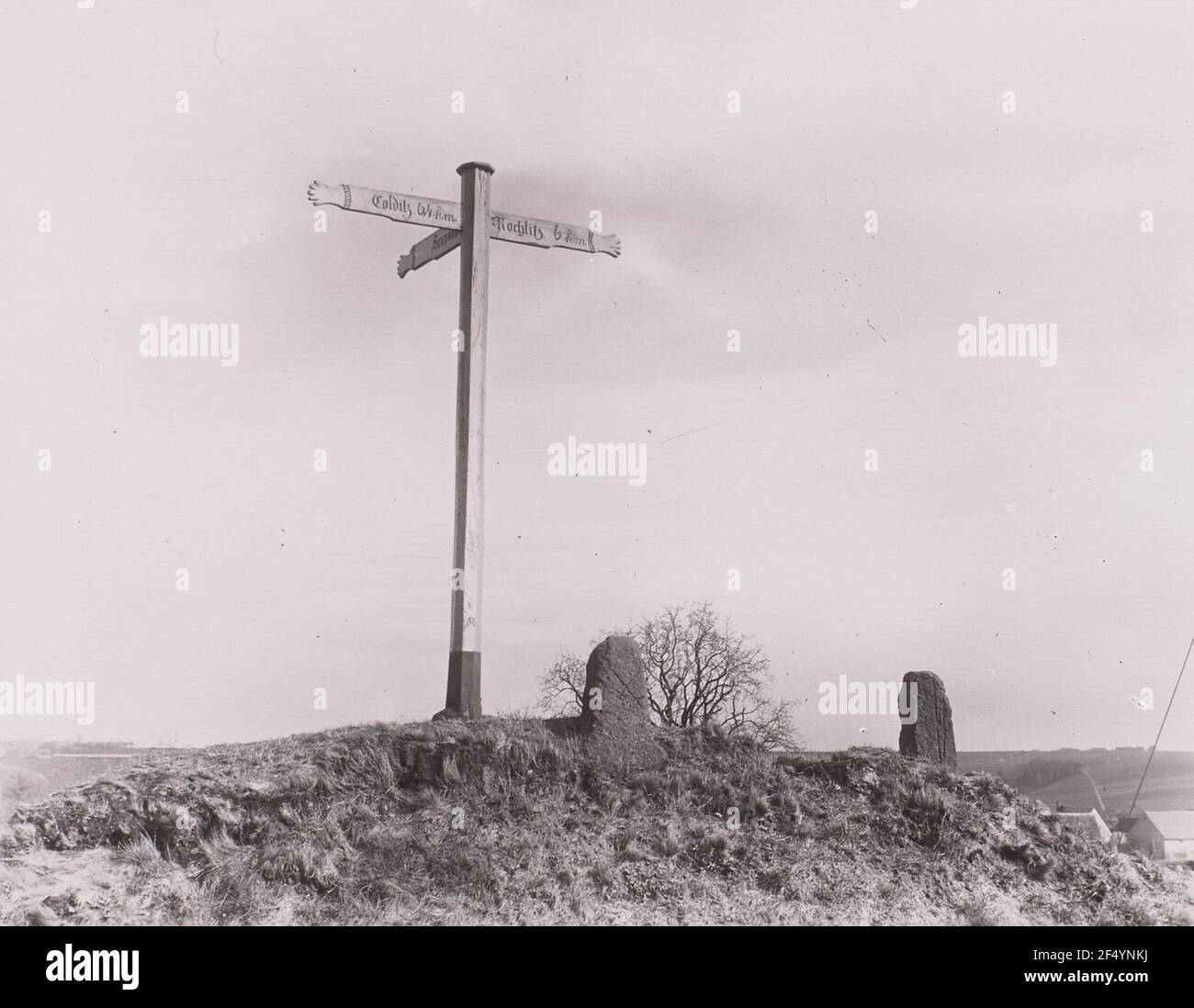 Schwarzbach-Leuphan, signpost, landmark and stump of a stone cross with ...