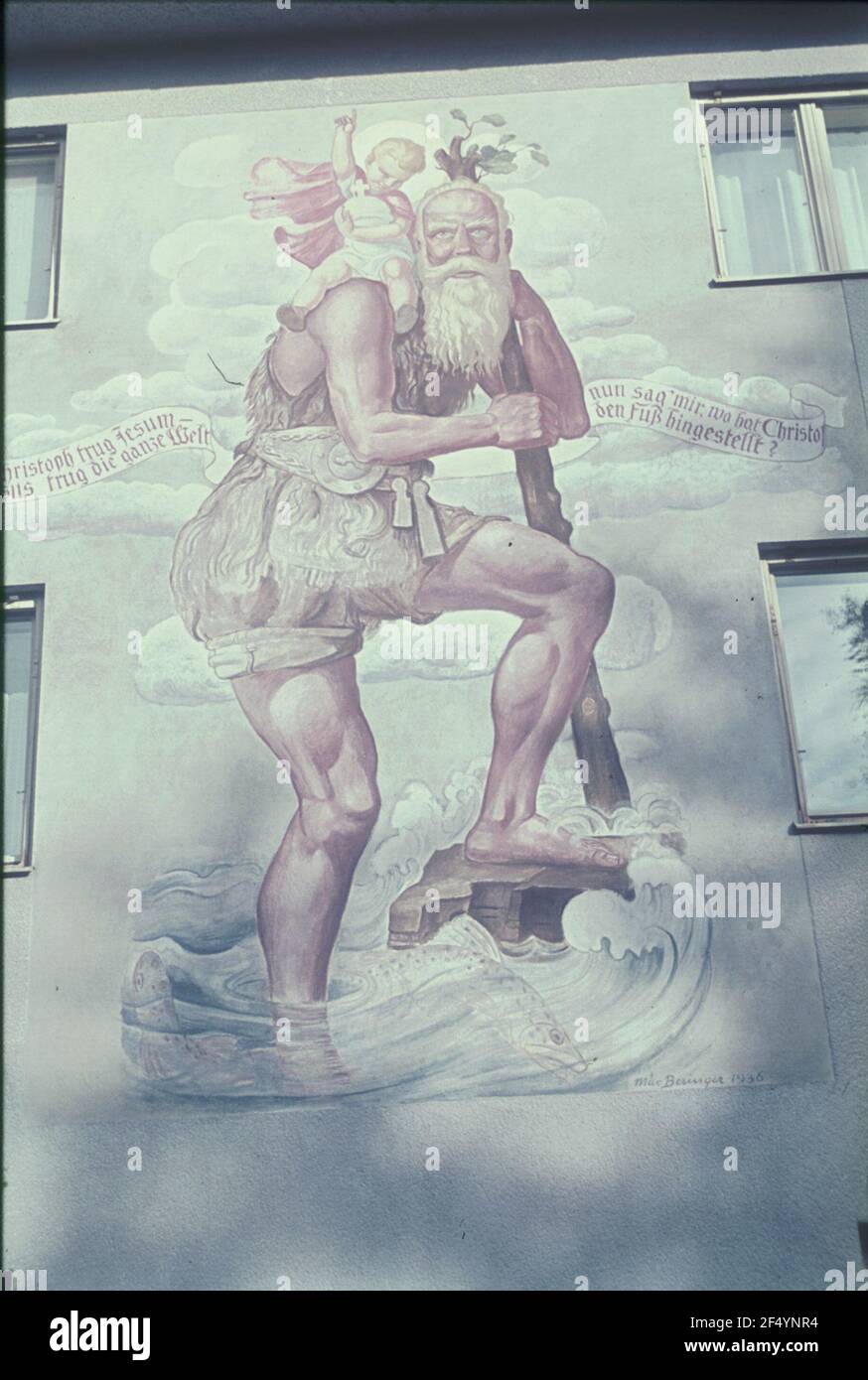 Wall painting (Lüftlmalerei) by presenting the Holy Christophorus at a ...