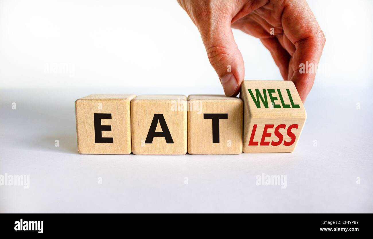 Eat well or eat less symbol. Businessman turns a cube and changes words ...