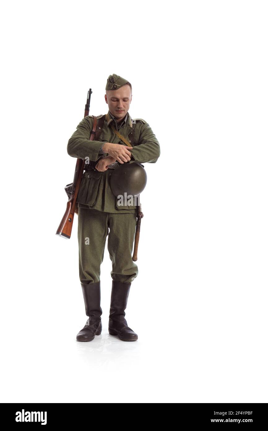 Man actor in historical military uniform as an soldier of the German ...