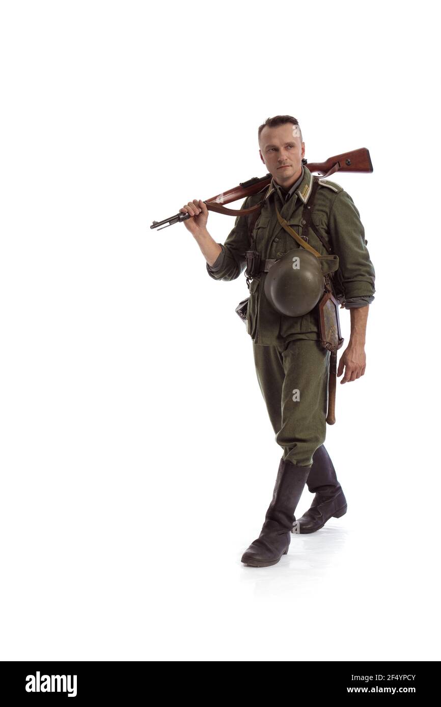 Man actor in historical military uniform as an soldier of the German ...