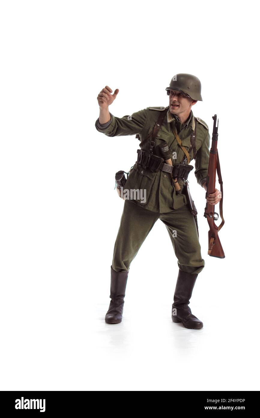 Man actor in historical military uniform as an soldier of the German ...