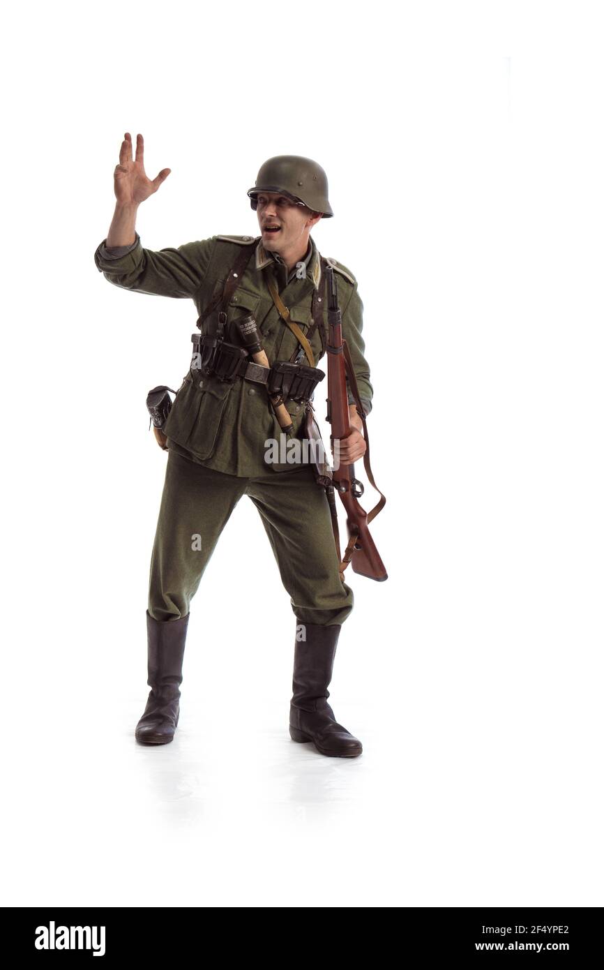Man actor in historical military uniform as an soldier of the German ...