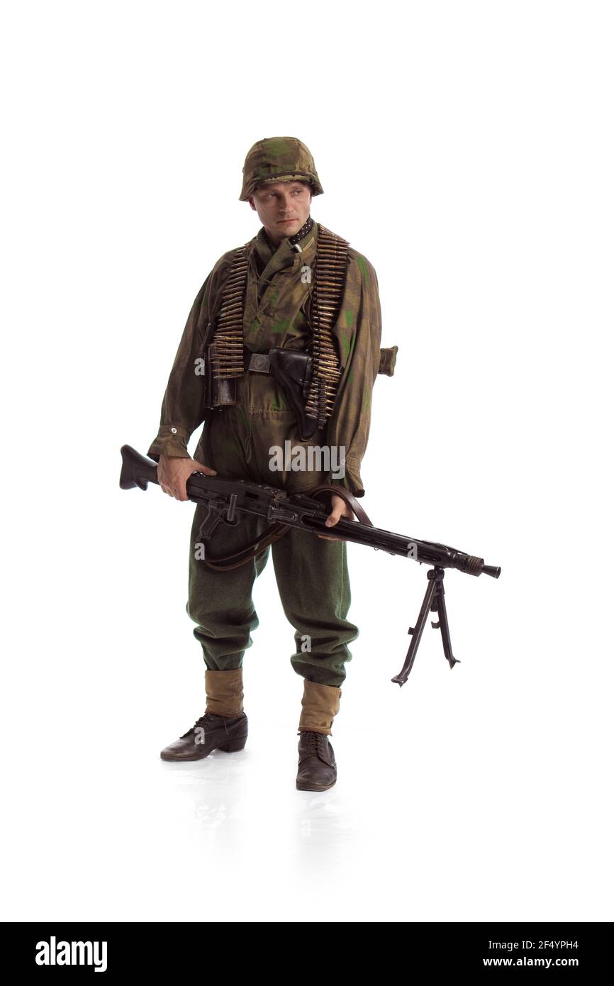 Man actor in historical military uniform as an soldier of the German ...