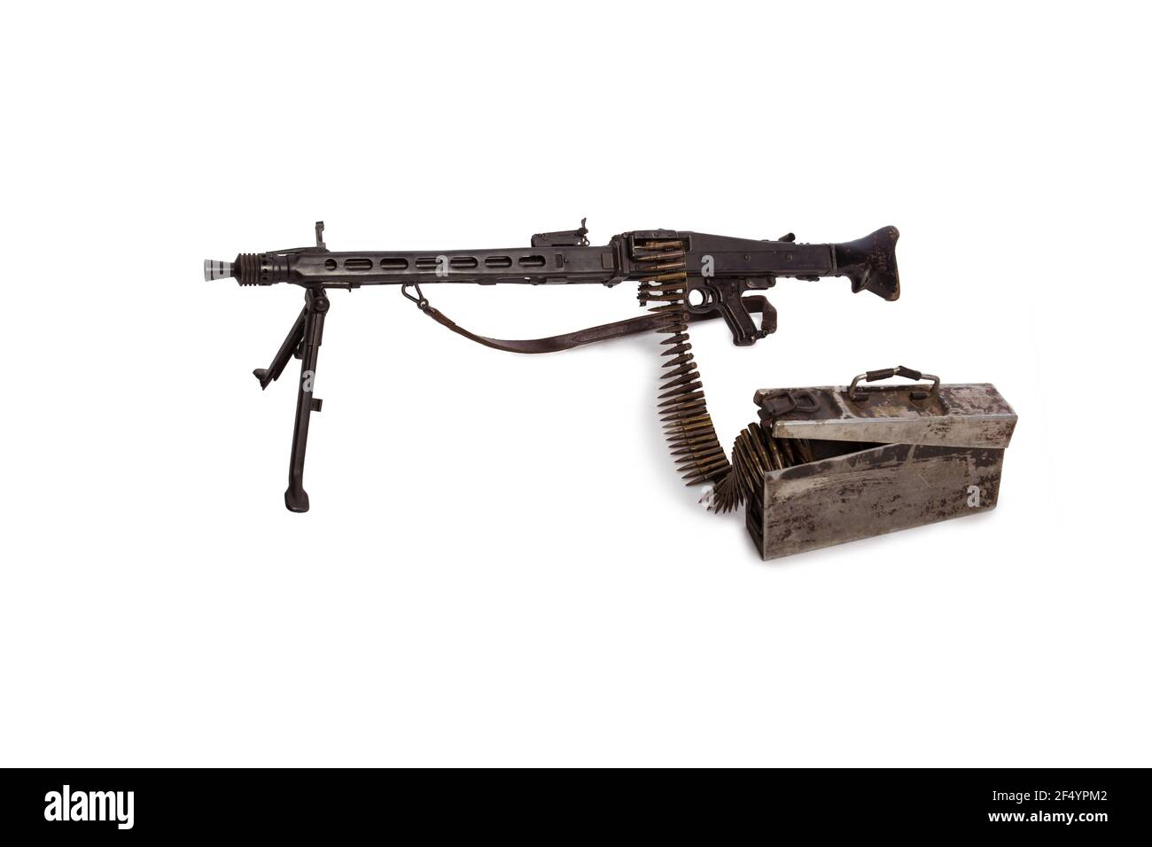 Man actor in the movie role of an military man with a machine gun ...