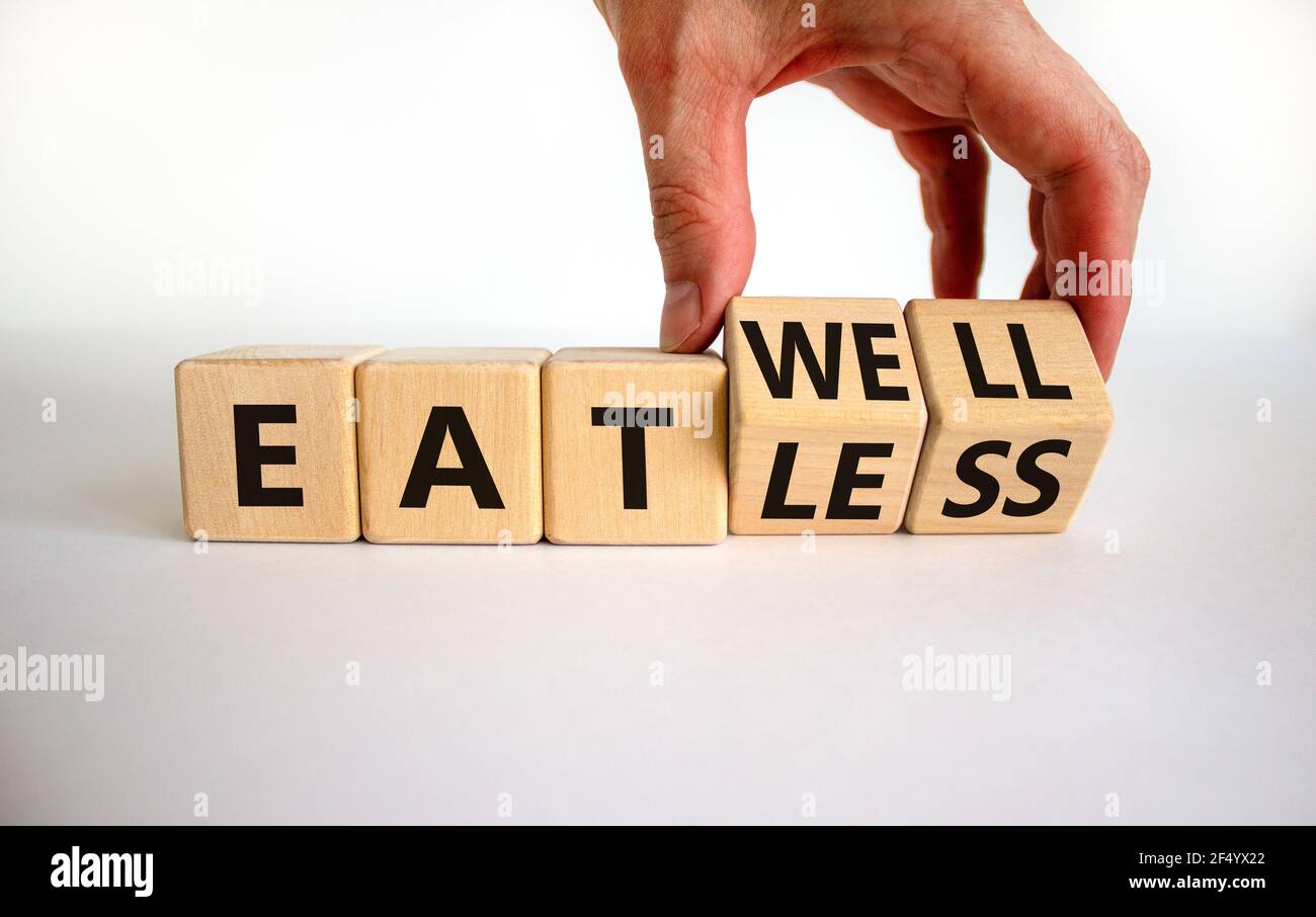 Eat well or eat less symbol. Businessman turns cubes and changes words ...
