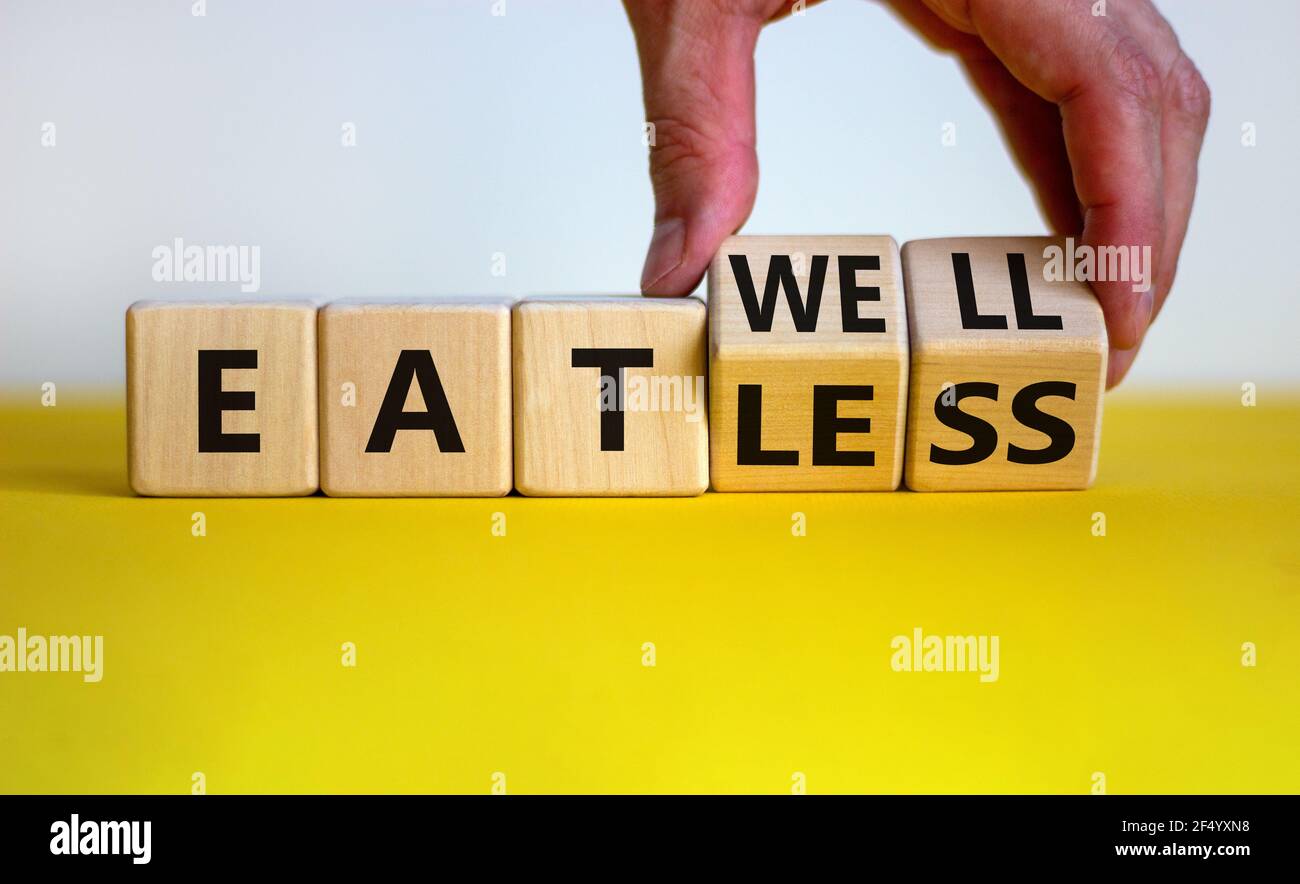 Eat well or eat less symbol. Businessman turns cubes and changes words ...