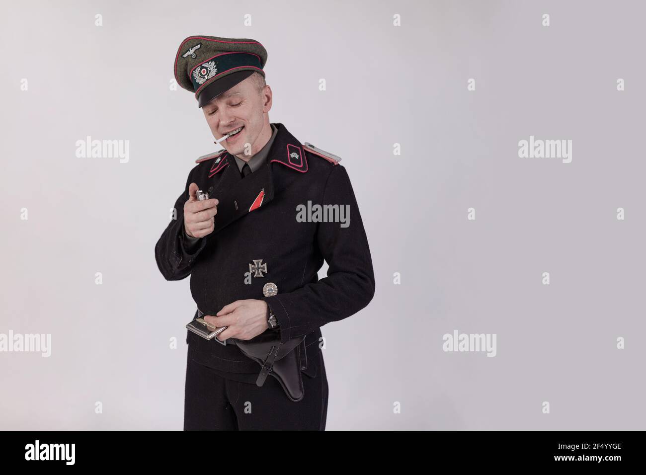 Male actor reenactor in historical military tank uniform as an officer ...