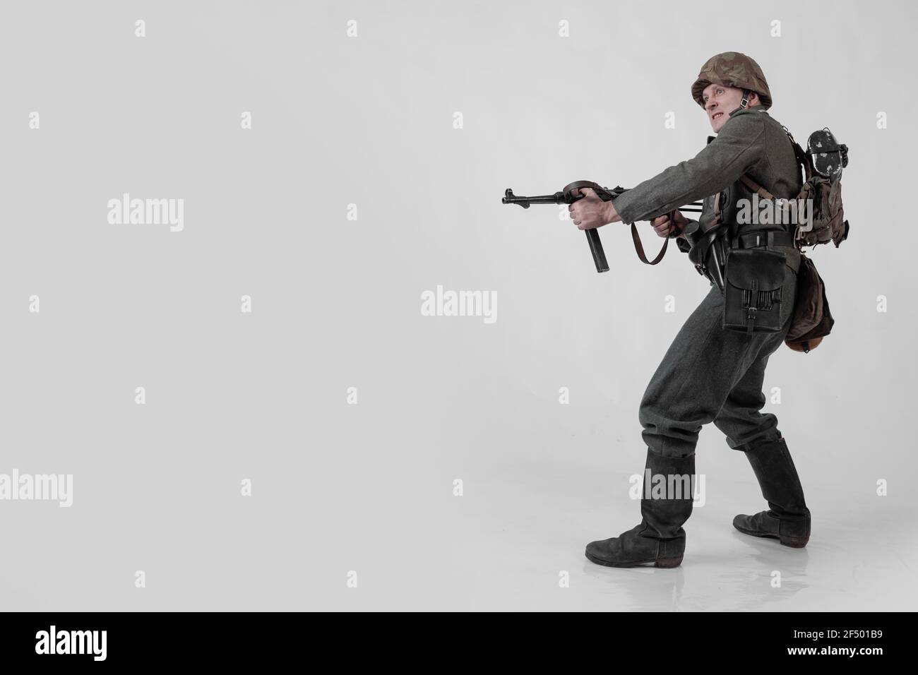 Man actor in the movie role of an old military man posing against white ...