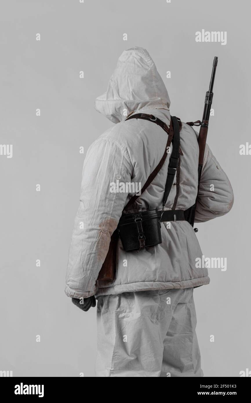 male actor in the winter military uniform of an German soldier, the ...