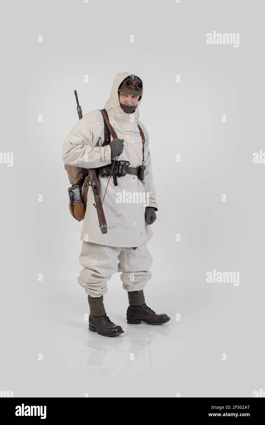 male actor in the winter military uniform of an German soldier, the ...
