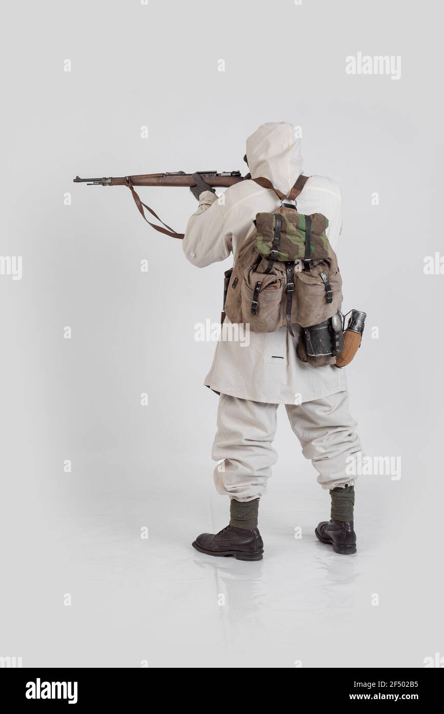 male actor in the winter military uniform of an German soldier, the ...