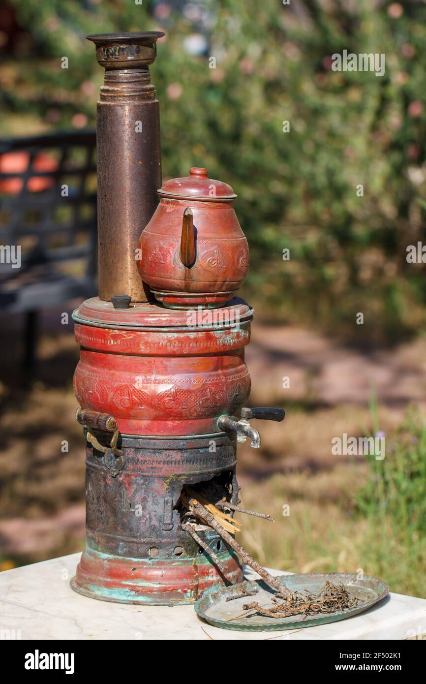 old samovar at garden for making tea Stock Photo - Alamy