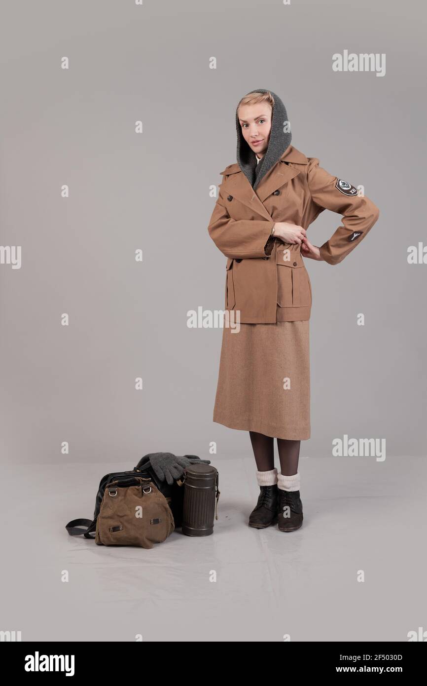 Woman actor reenactor in historical winter clothes RAD of the German ...