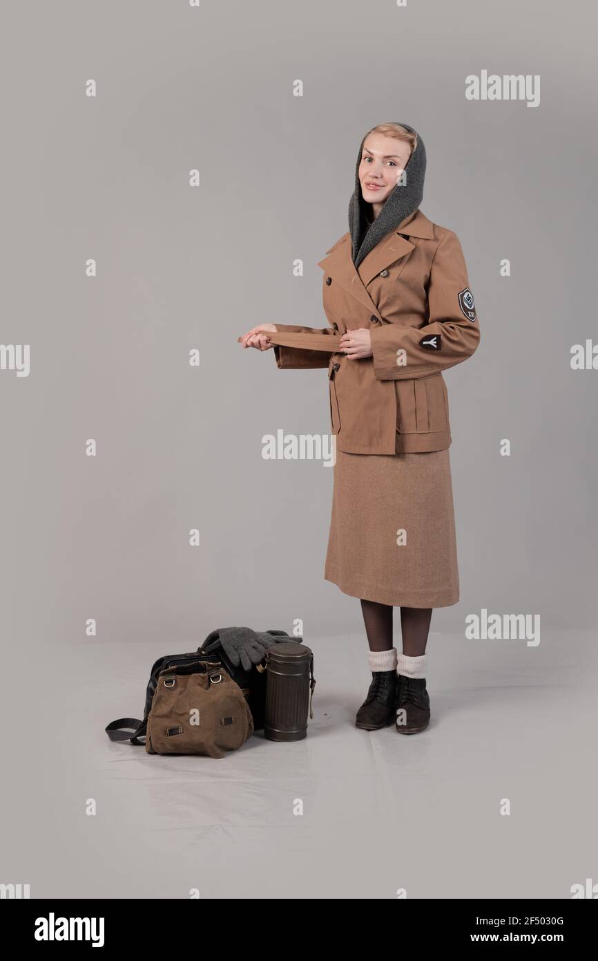 Woman actor reenactor in historical winter clothes RAD of the German ...