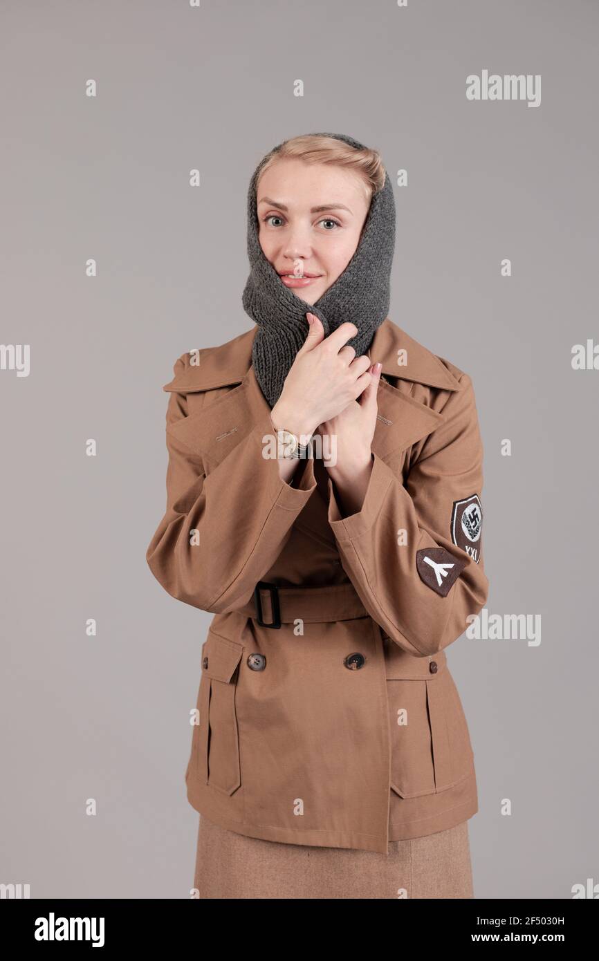 Woman actor reenactor in historical winter clothes RAD of the German ...