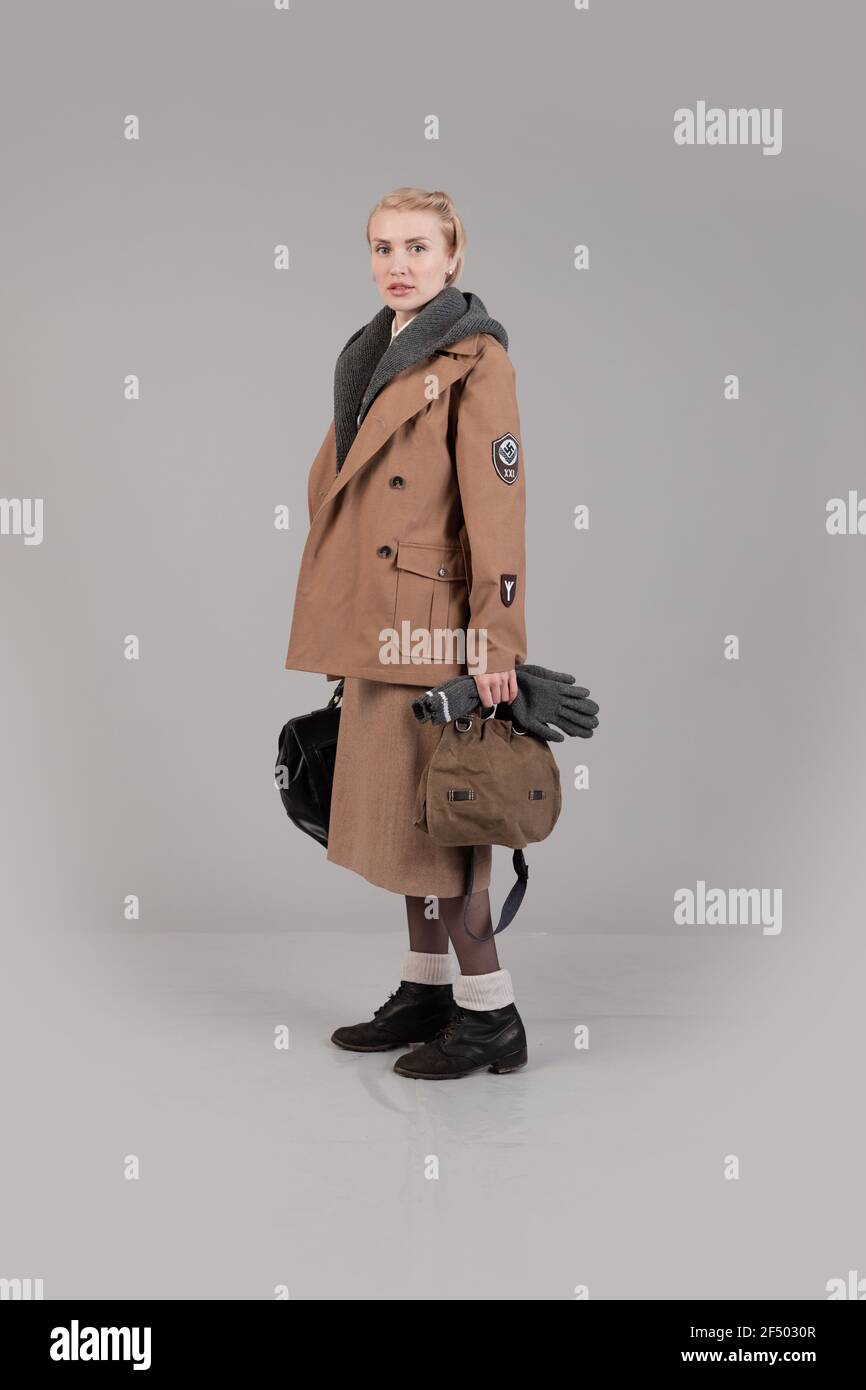 Woman actor reenactor in historical winter clothes RAD of the German ...