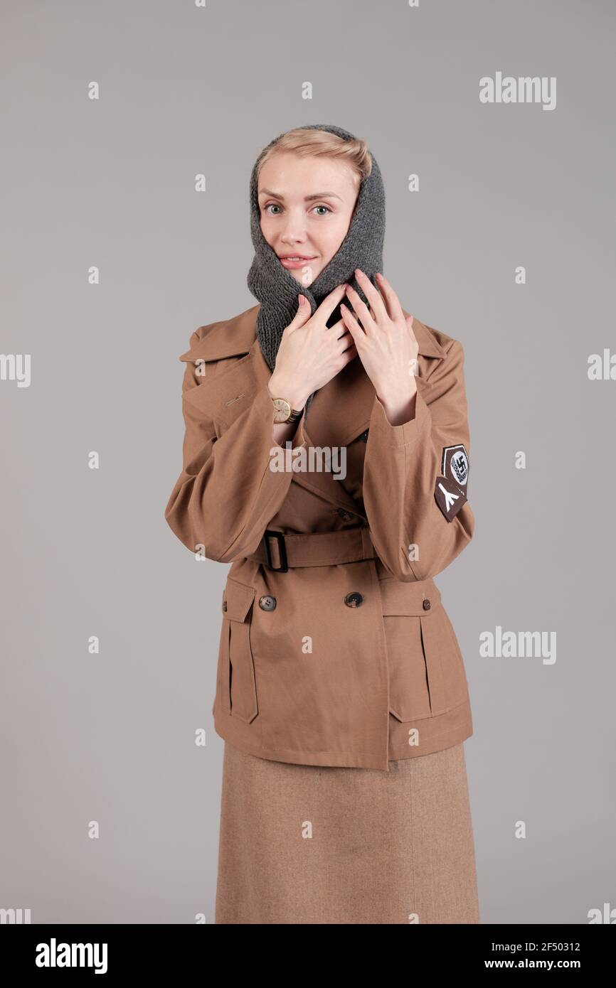 Woman actor reenactor in historical winter clothes RAD of the German ...