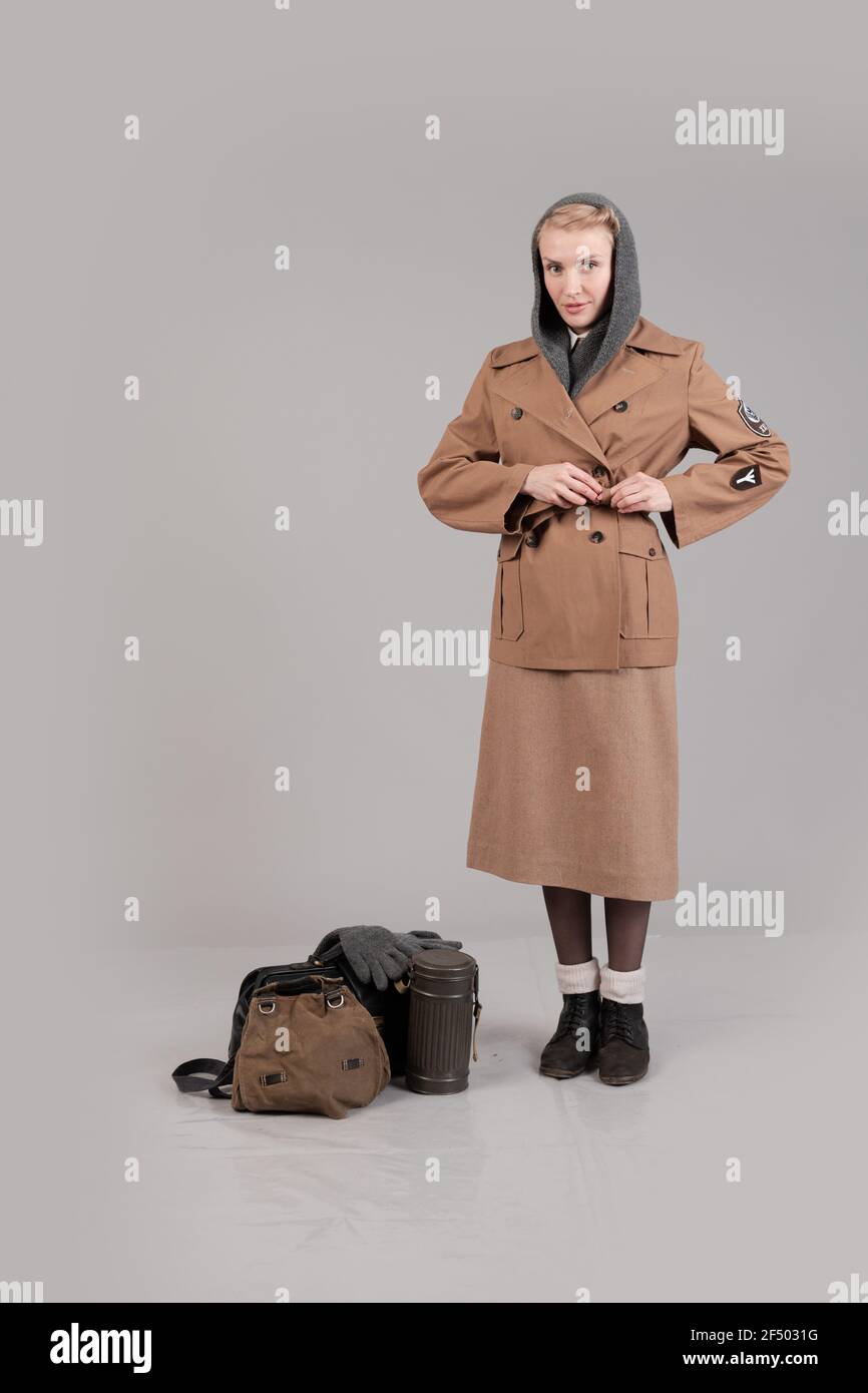 Woman actor reenactor in historical winter clothes RAD of the German ...