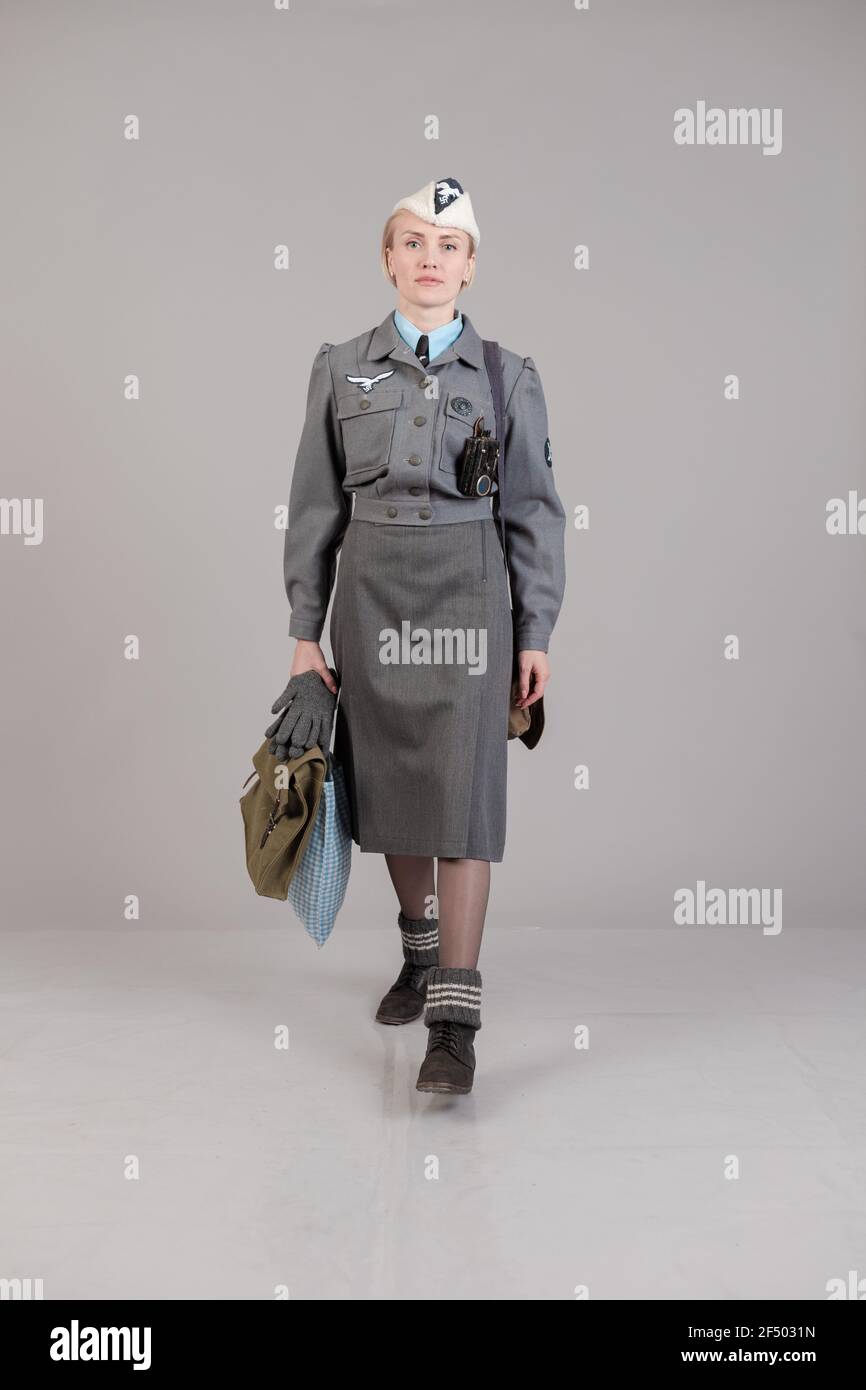 Woman actor reenactor in historical winter clothes RAD of the German ...