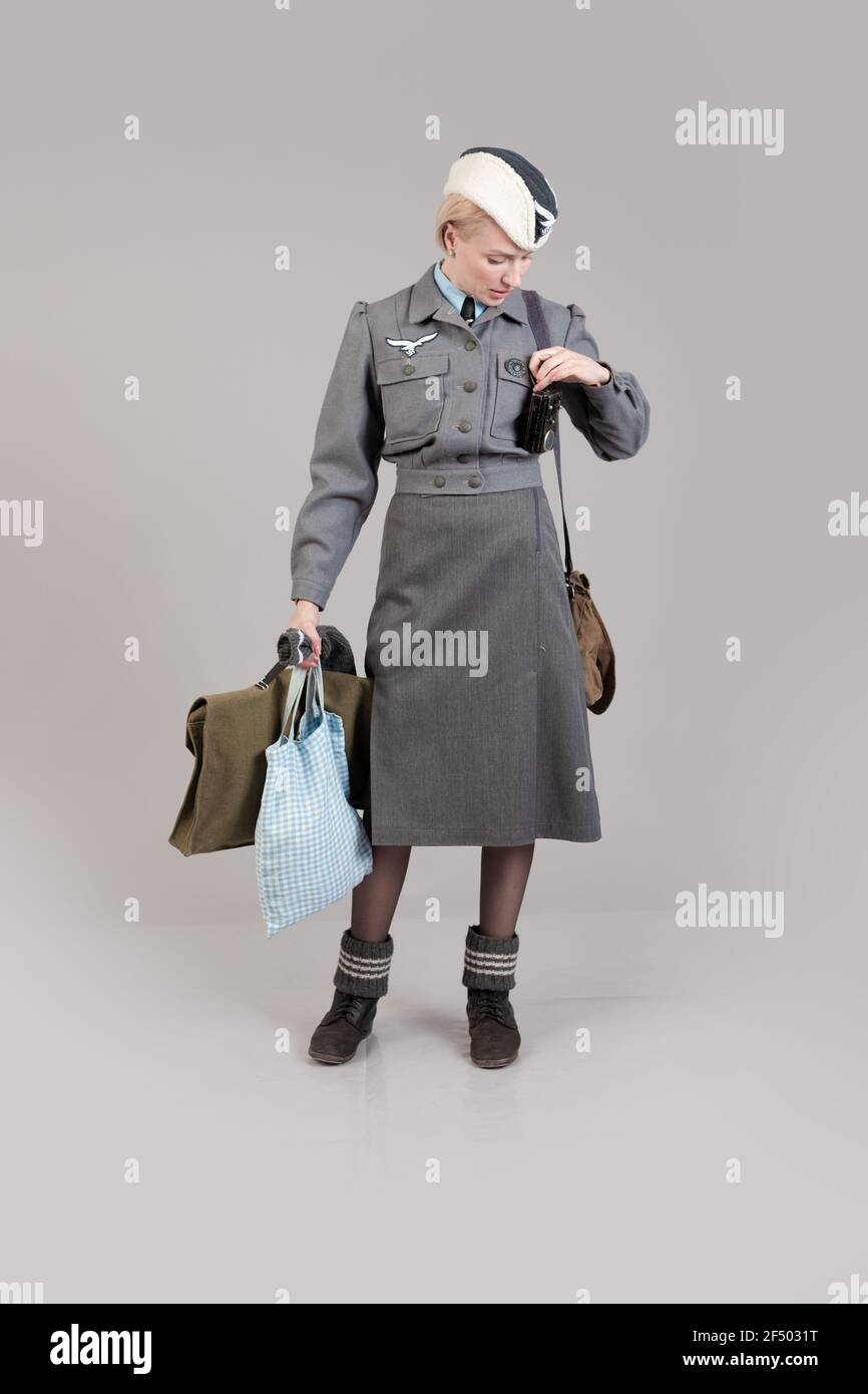Woman actor reenactor in historical winter clothes RAD of the German ...