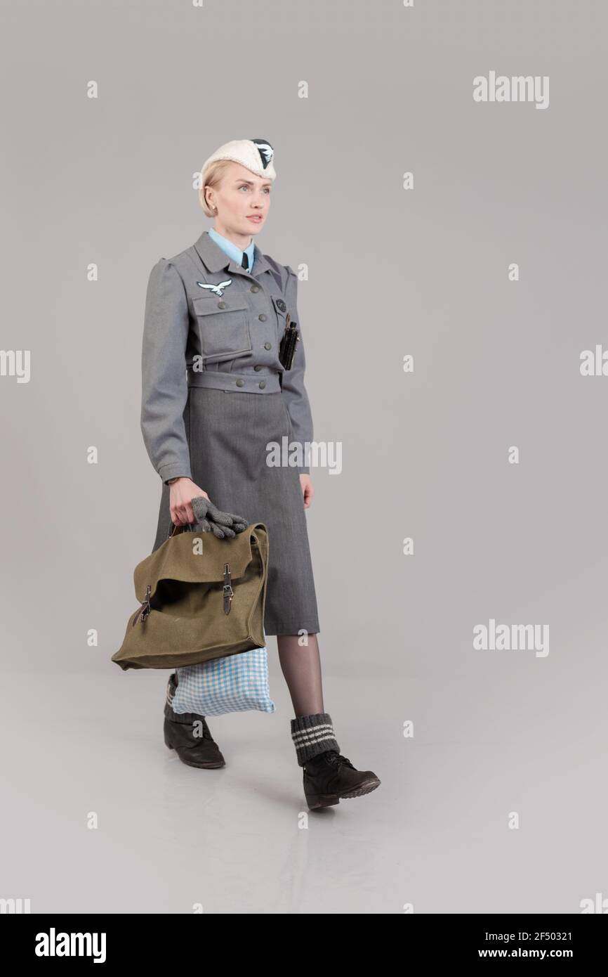 Woman actor reenactor in historical winter clothes RAD of the German ...