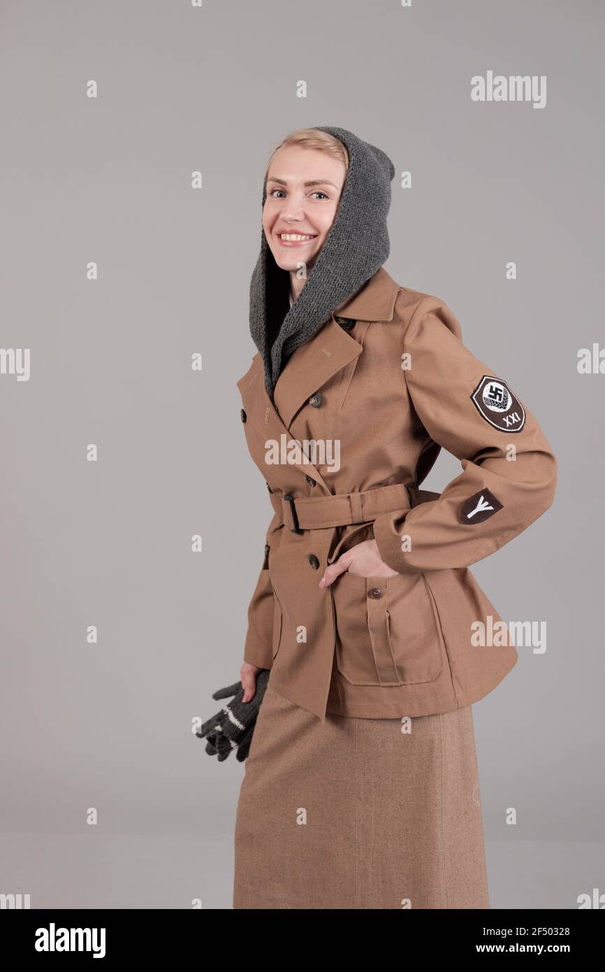 Woman actor reenactor in historical winter clothes RAD of the German ...