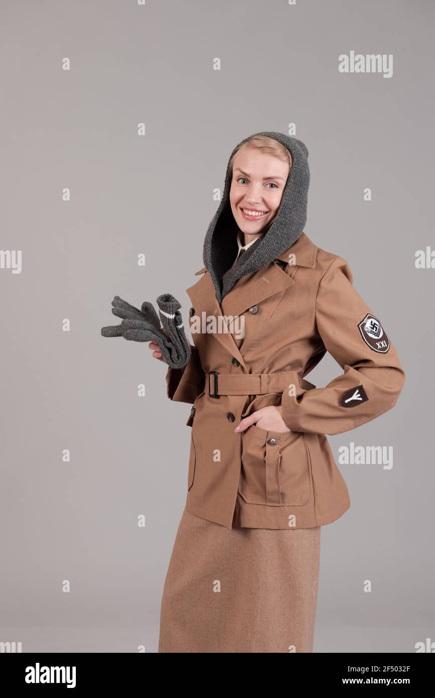 Woman actor reenactor in historical winter clothes RAD of the German ...