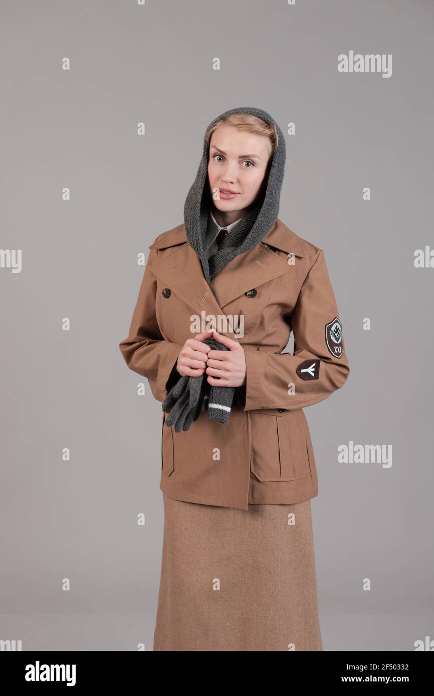 Woman actor reenactor in historical winter clothes RAD of the German ...