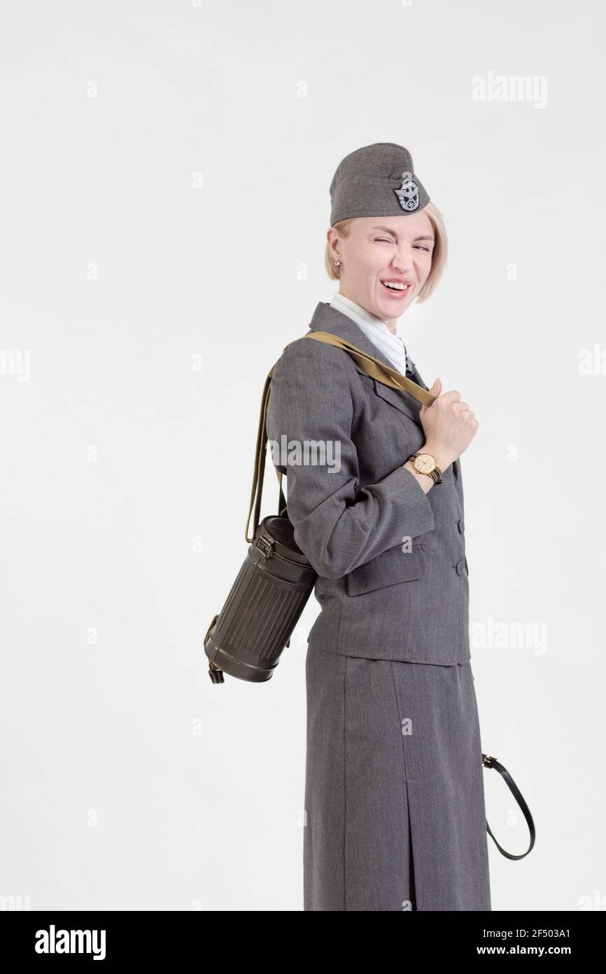 Woman actor reenactor in the historical uniform rad of the army during ...