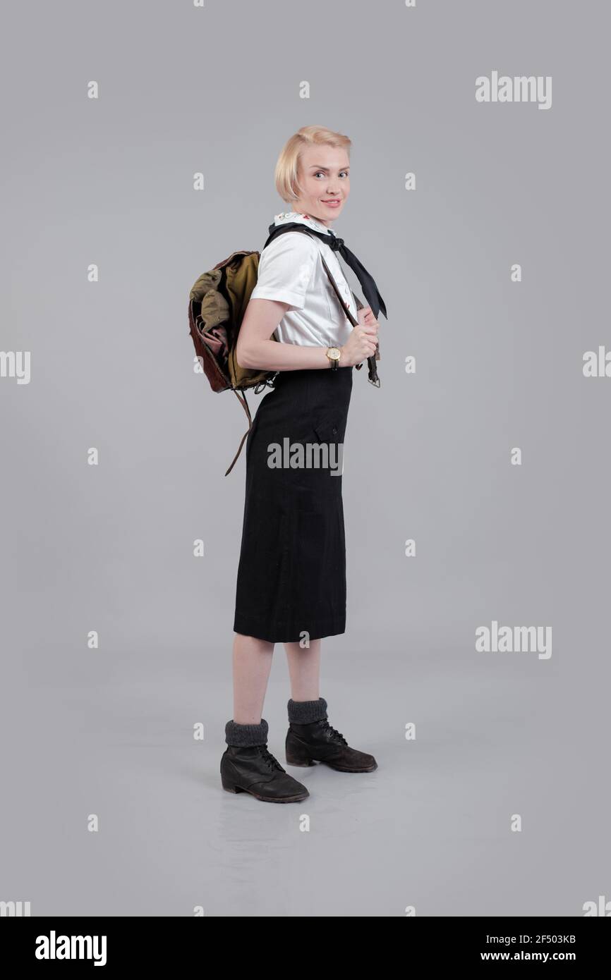 Woman actor reenactor in historical clothes rad of the German fashion ...