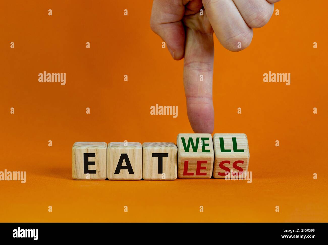 Eat well or eat less symbol. Businessman turns cubes and changes words ...