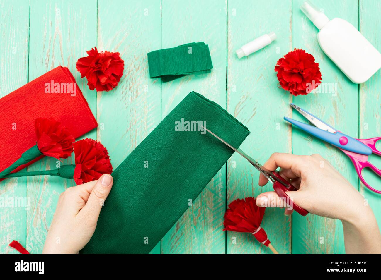 How to make a carnation flower at home. Hands make a red carnation ...