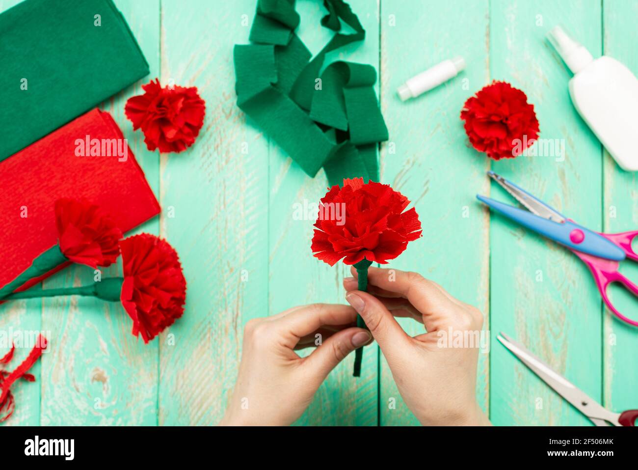 How to make a carnation flower at home. Hands make a red carnation ...