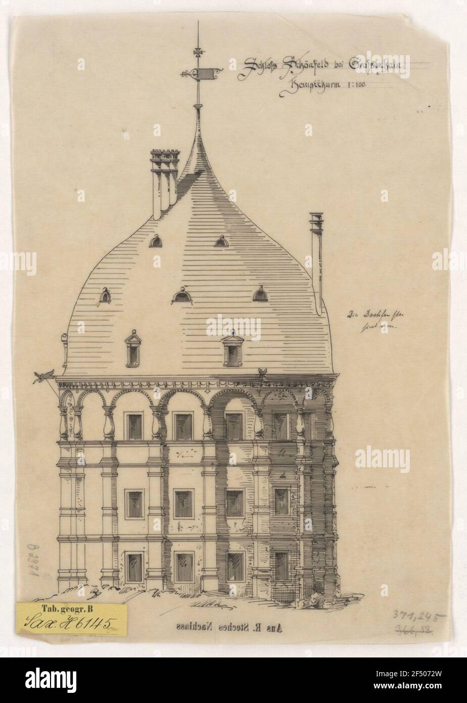 Schönfeld, castle, big tower, elevation Stock Photo - Alamy