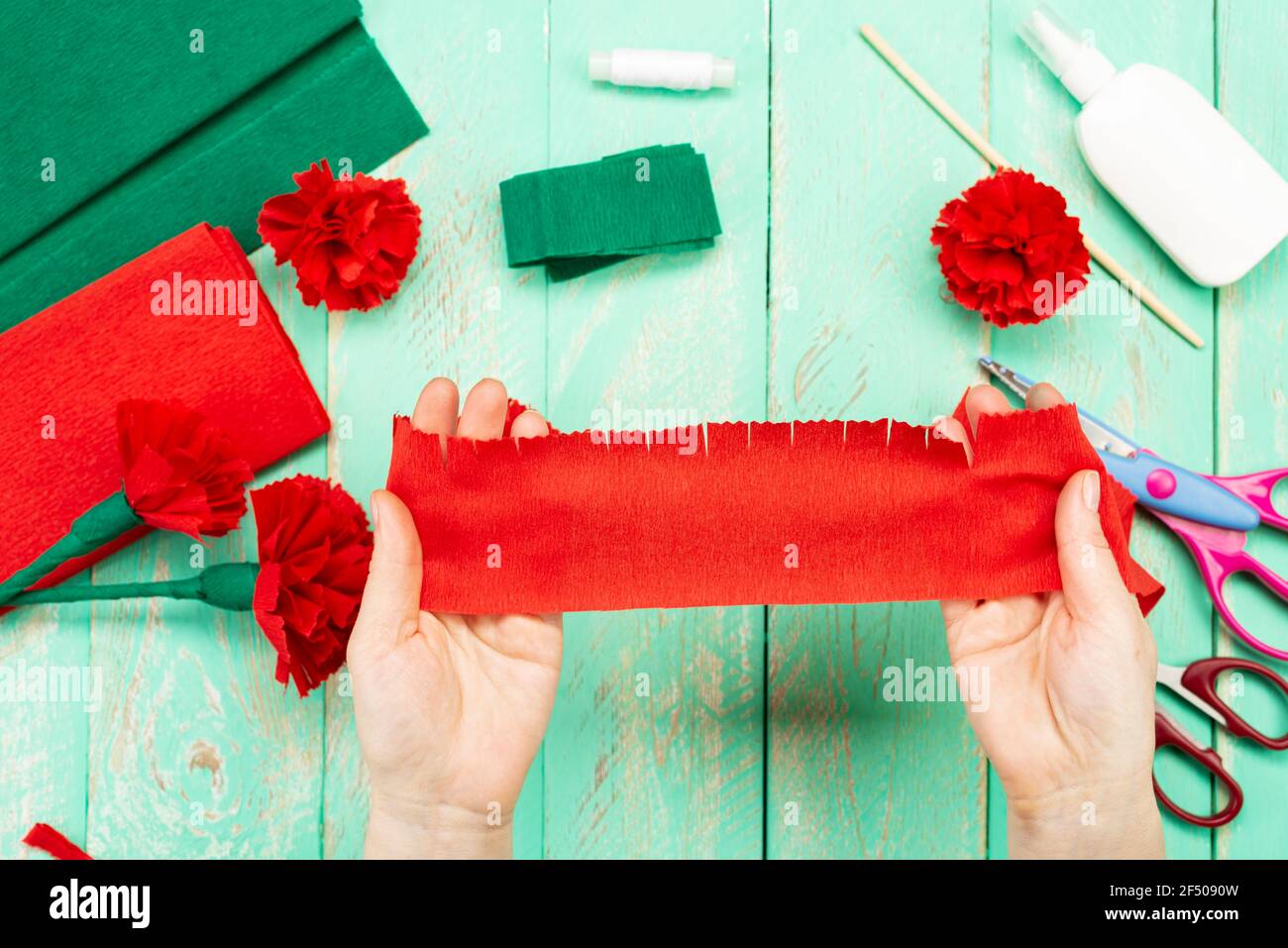 How to make a carnation flower at home. Hands make a red carnation ...