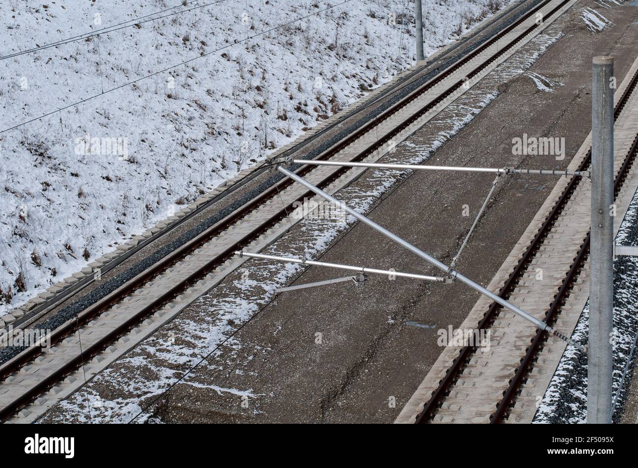 tracks and concrete sleepers of a highspeed railway track under ...