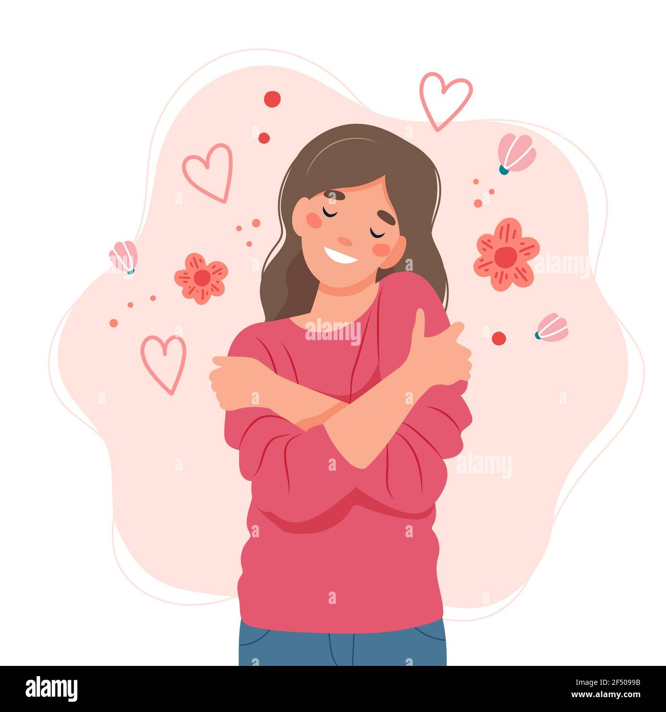 Love yourself concept, woman hugging herself, illustration in flat ...