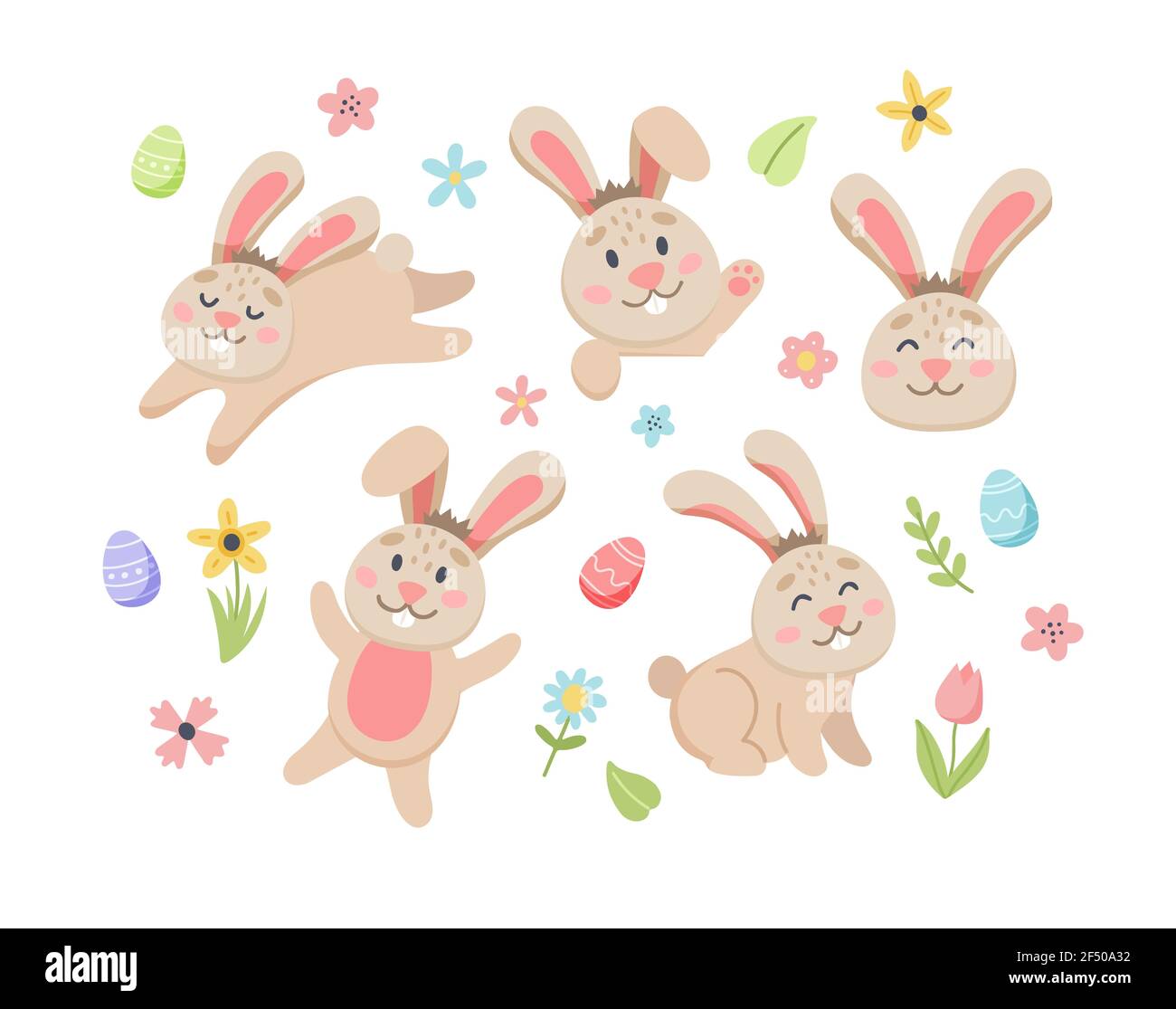 Easter bunny set with cute flowers and eggs. Hand drawn flat cartoon ...
