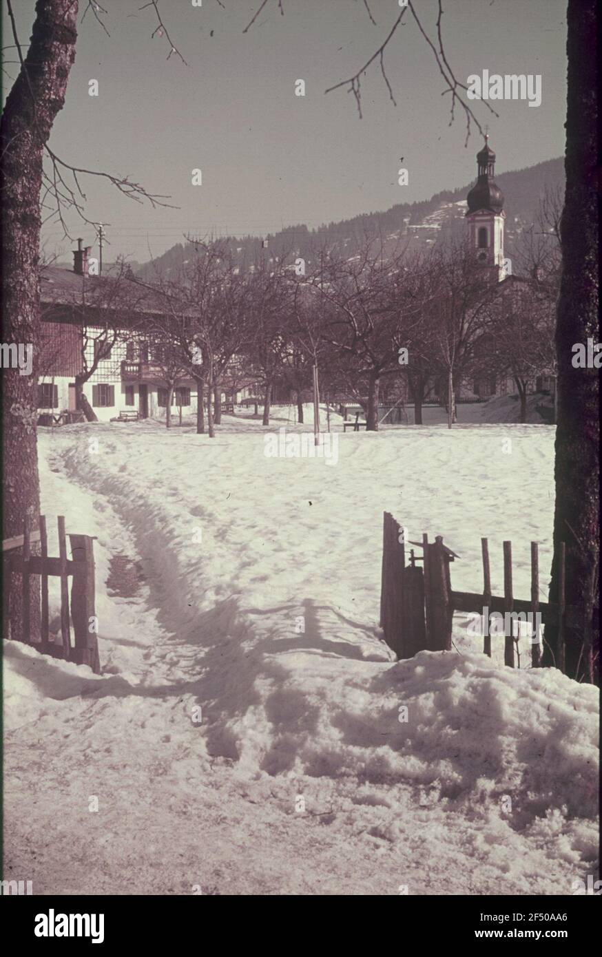 Germany. Winter district view with church (probably in the Bavarian ...