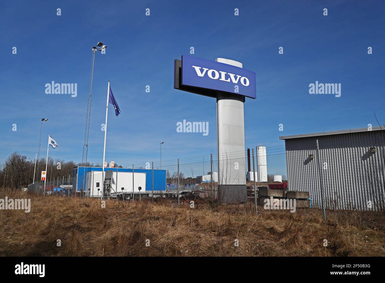 Volvo sign at a service facility on Tuesday. The truck manufacturer AB ...