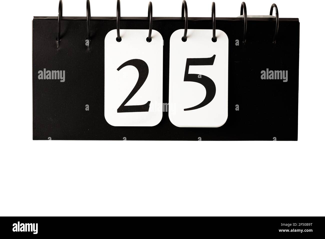 Close up view of calendar with selected date 25 isolated on white ...