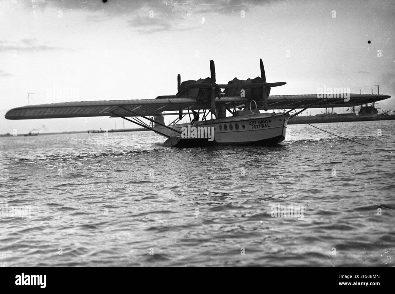 Stralsund. Port. Four-engine seaplane "Pottwal" of Lufthansa. View from ...